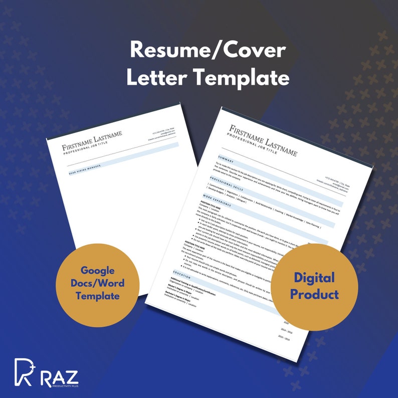 Resume Template for Microsoft Word or Google Docs, CV, Cover Letter ...