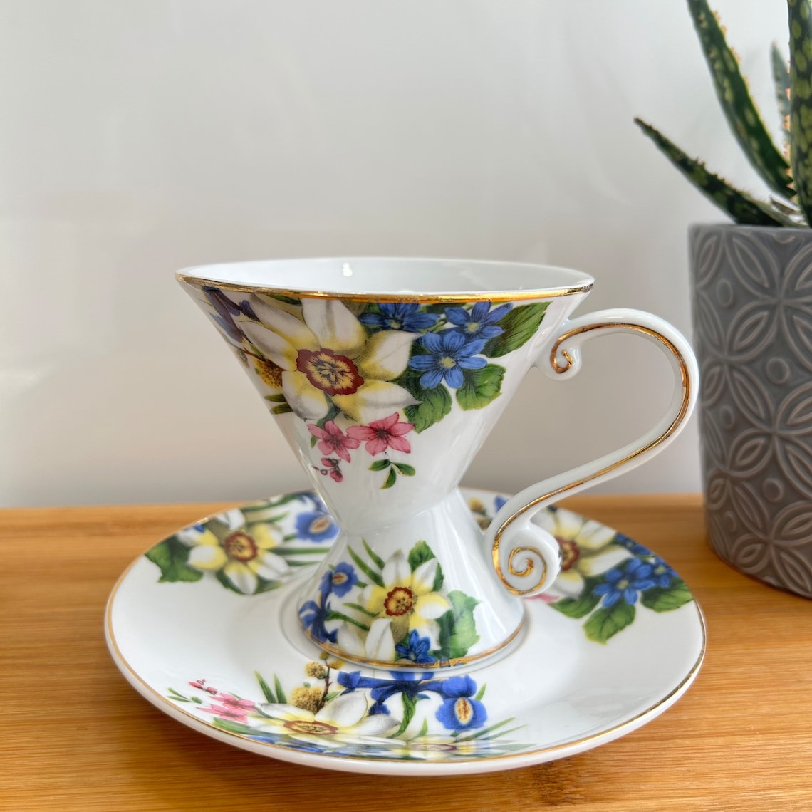 Vintage Fun Shaped Tea Cup and Saucer Spring Flowers Porcelain Tea Cup ...