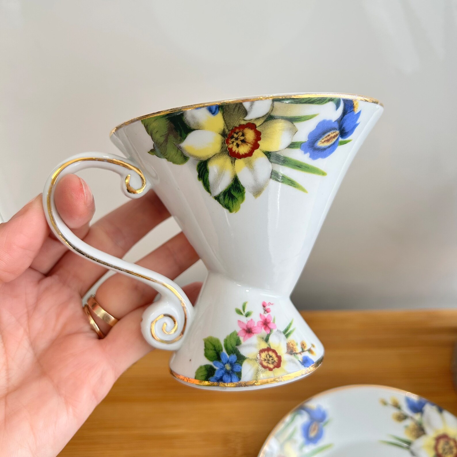 Vintage Fun Shaped Tea Cup and Saucer Spring Flowers Porcelain Tea Cup ...