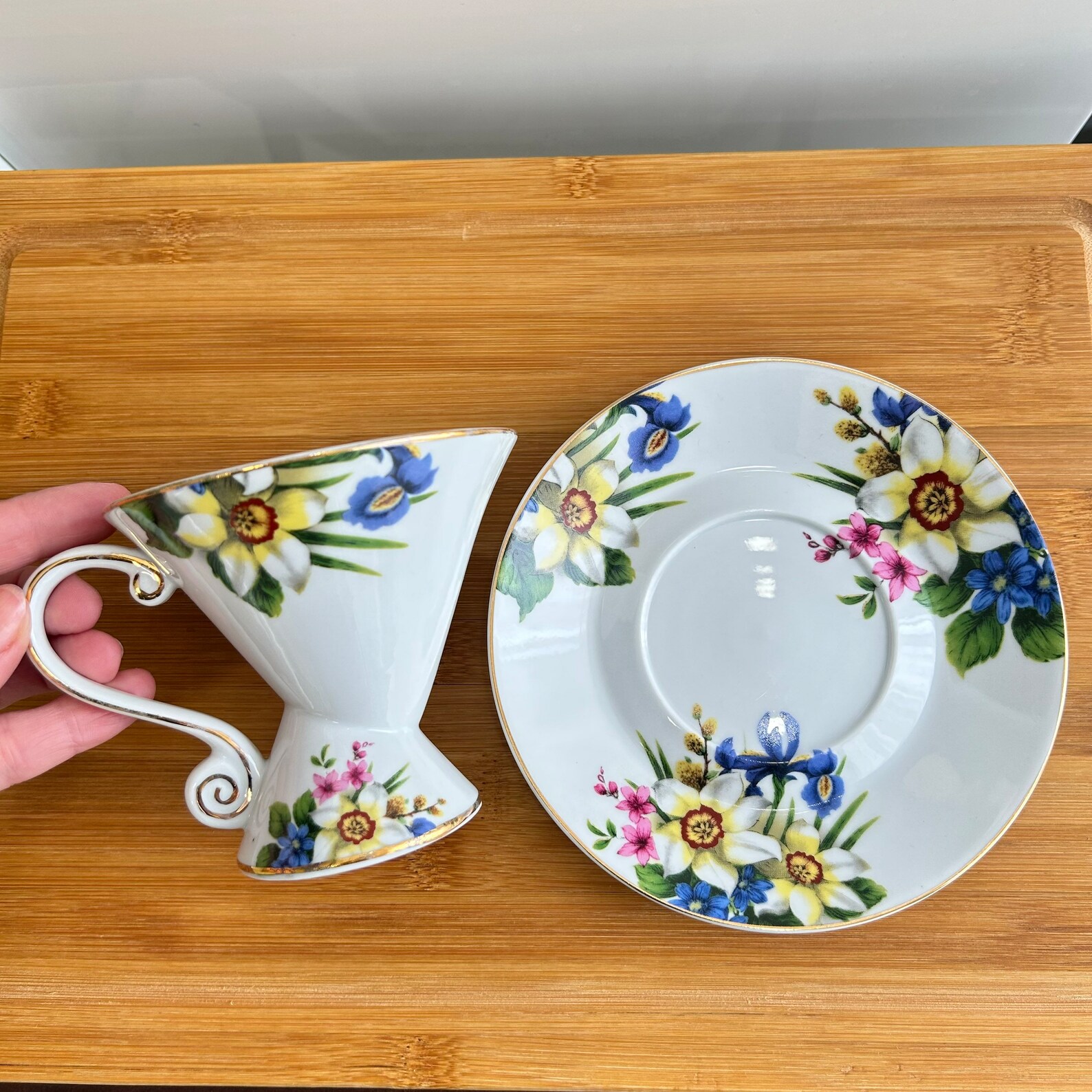 Vintage Fun Shaped Tea Cup and Saucer Spring Flowers Porcelain Tea Cup ...