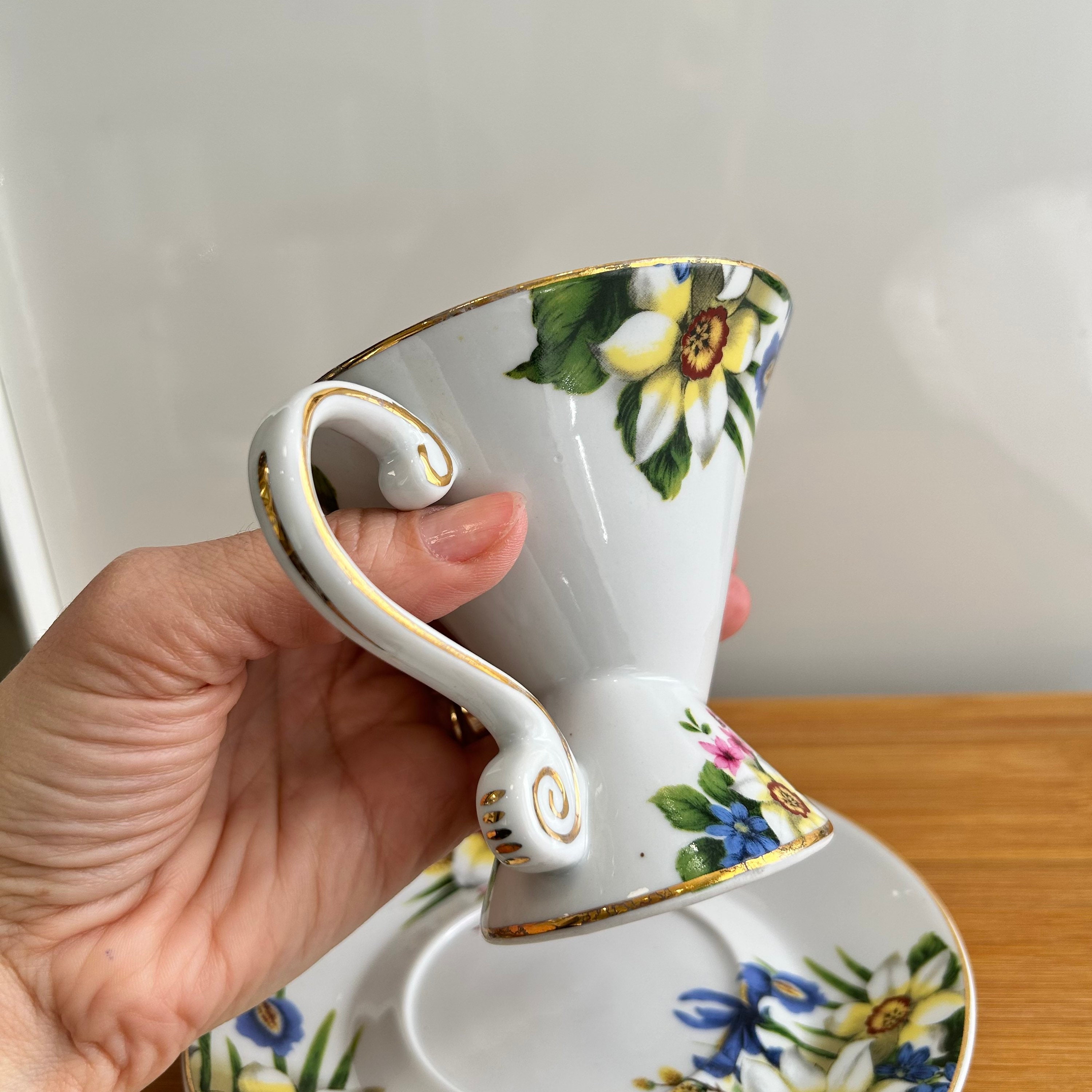 Vintage Fun Shaped Tea Cup and Saucer Spring Flowers Porcelain Tea Cup ...