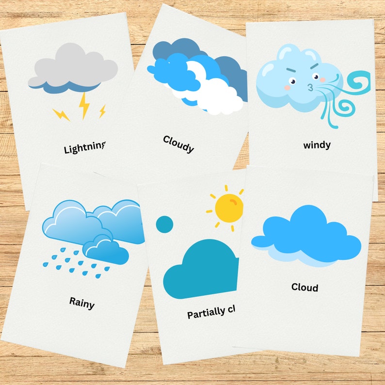 12 Weather Cards Montessori Flashcards Pre-school Cards Rainbow ...