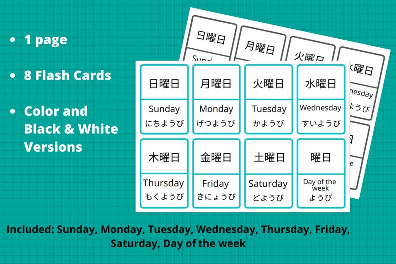 Japanese Days of the Week Flash Cards- Printable PDF - Etsy