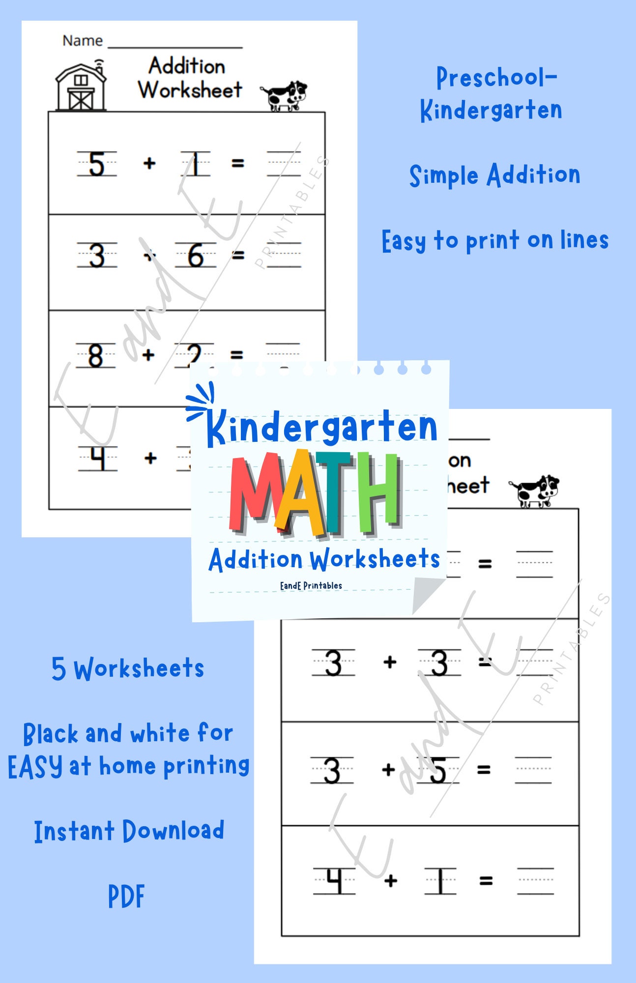 5 Kindergarten Math Worksheets | Preschool-1st Gr. Math | Instant ...