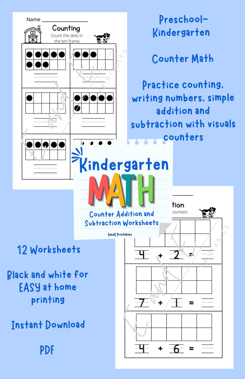 12 Kindergarten Math Worksheets | Preschool-1st Gr. Math | Instant ...