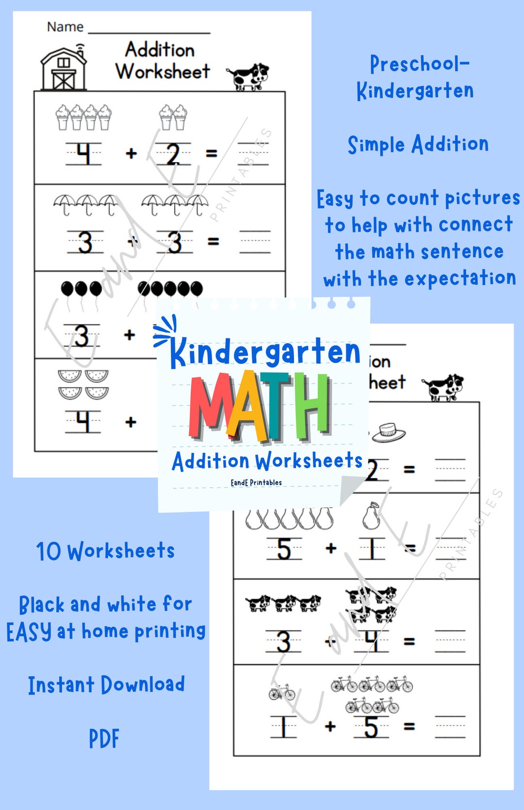 10 Kindergarten Math Worksheets | Preschool-1st Gr. Math | Instant ...
