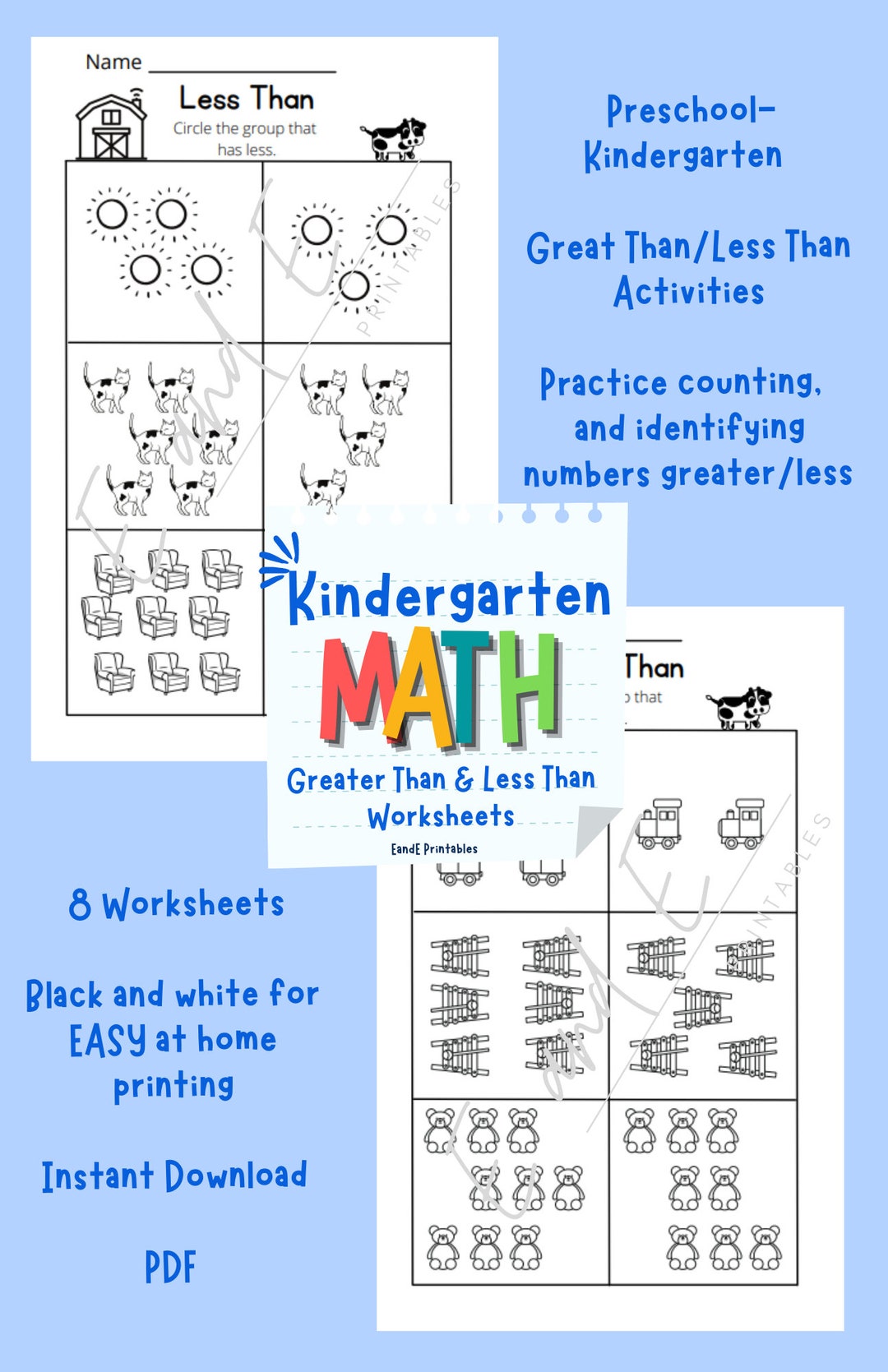 8 Kindergarten Math Worksheets | Preschool-1st Gr. Math | Instant ...