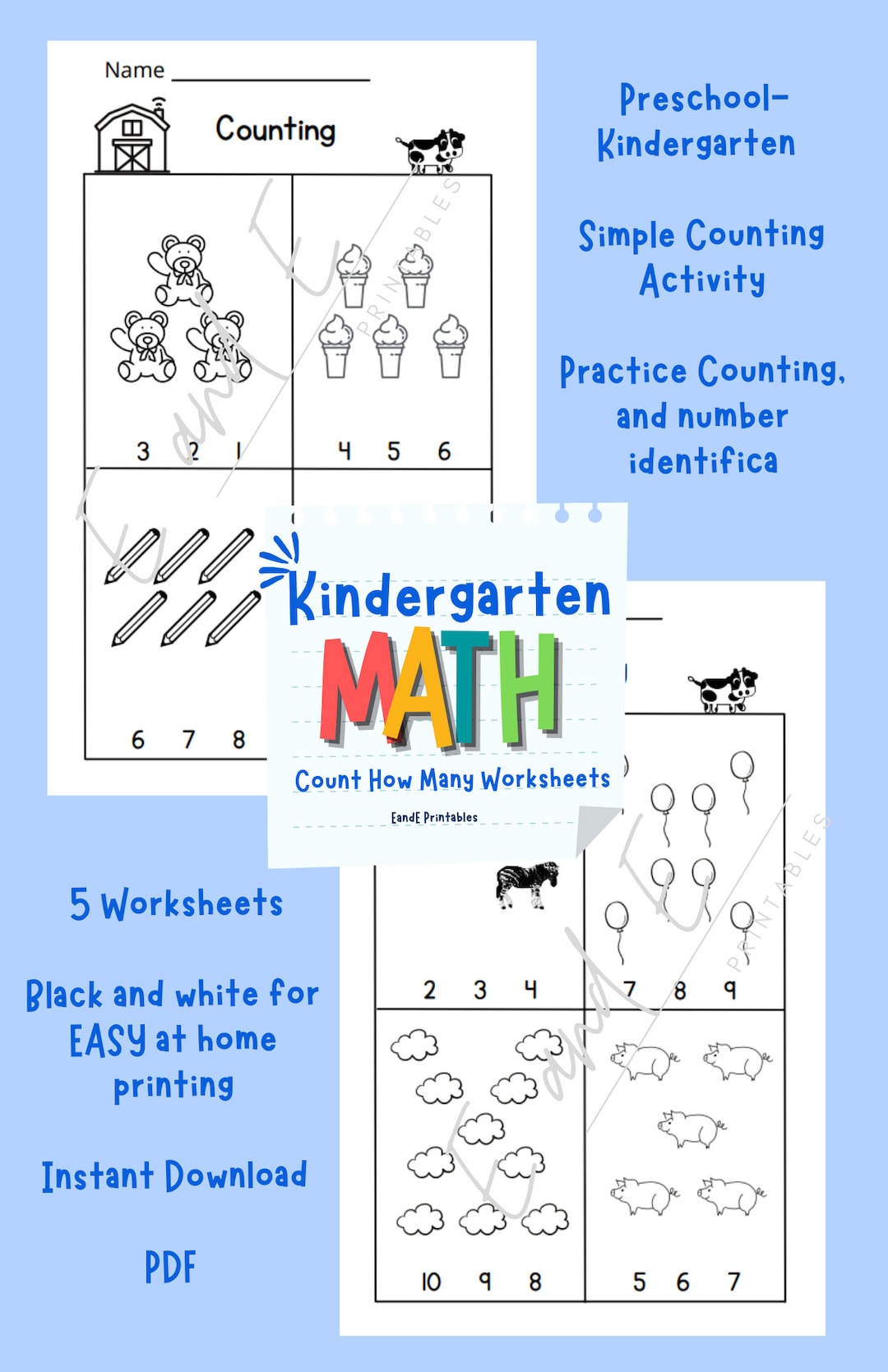 5 Kindergarten Math Worksheets | Preschool-1st Gr. Math | Instant ...