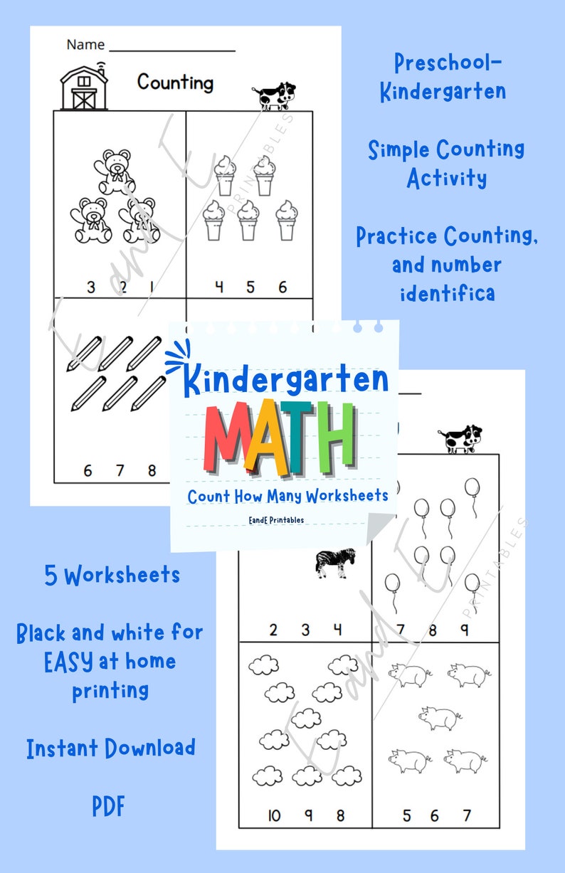 5 Kindergarten Math Worksheets | Preschool-1st Gr. Math | Instant ...