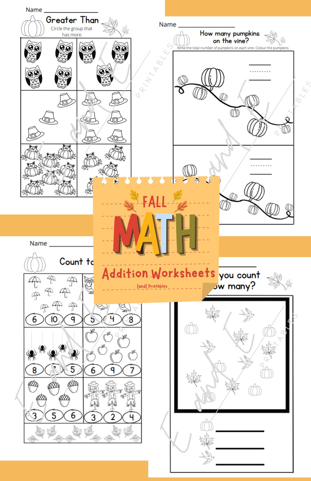 10 Kindergarten Fall Math Worksheets | Preschool-1st Gr. Math | Instant ...