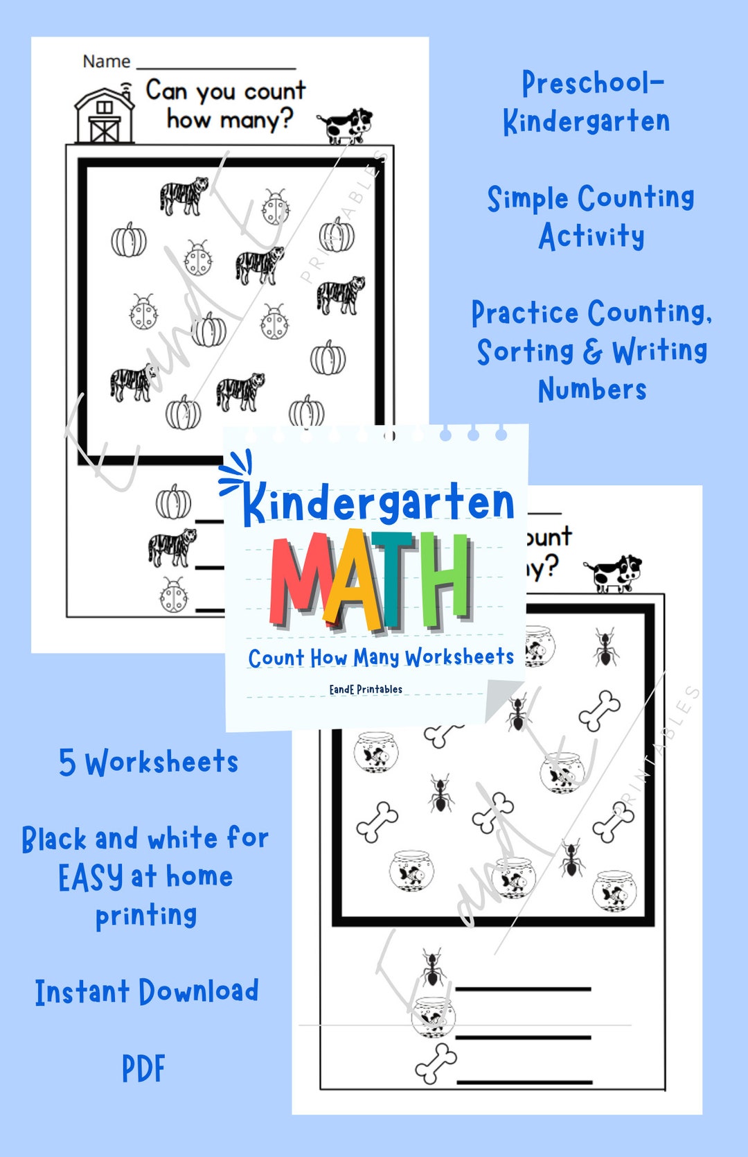 5 Kindergarten Math Worksheets | Preschool-1st Gr. Math | Instant ...