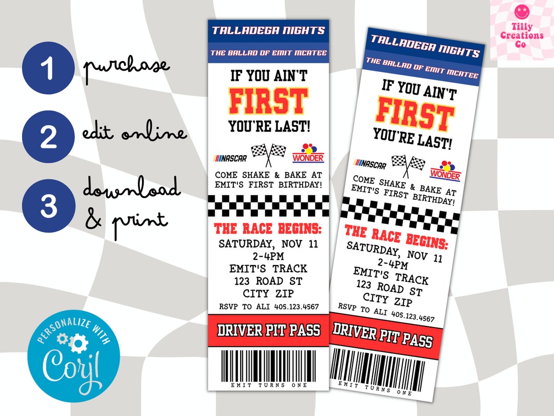 Nascar 1st Birthday Ticket Invite: Race Car Theme (digital Download) - Etsy