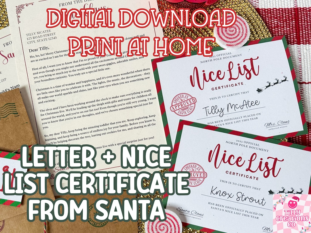 Customizable DIGITAL DOWNLOAD Letter From Santa + Nice List Certificate ...