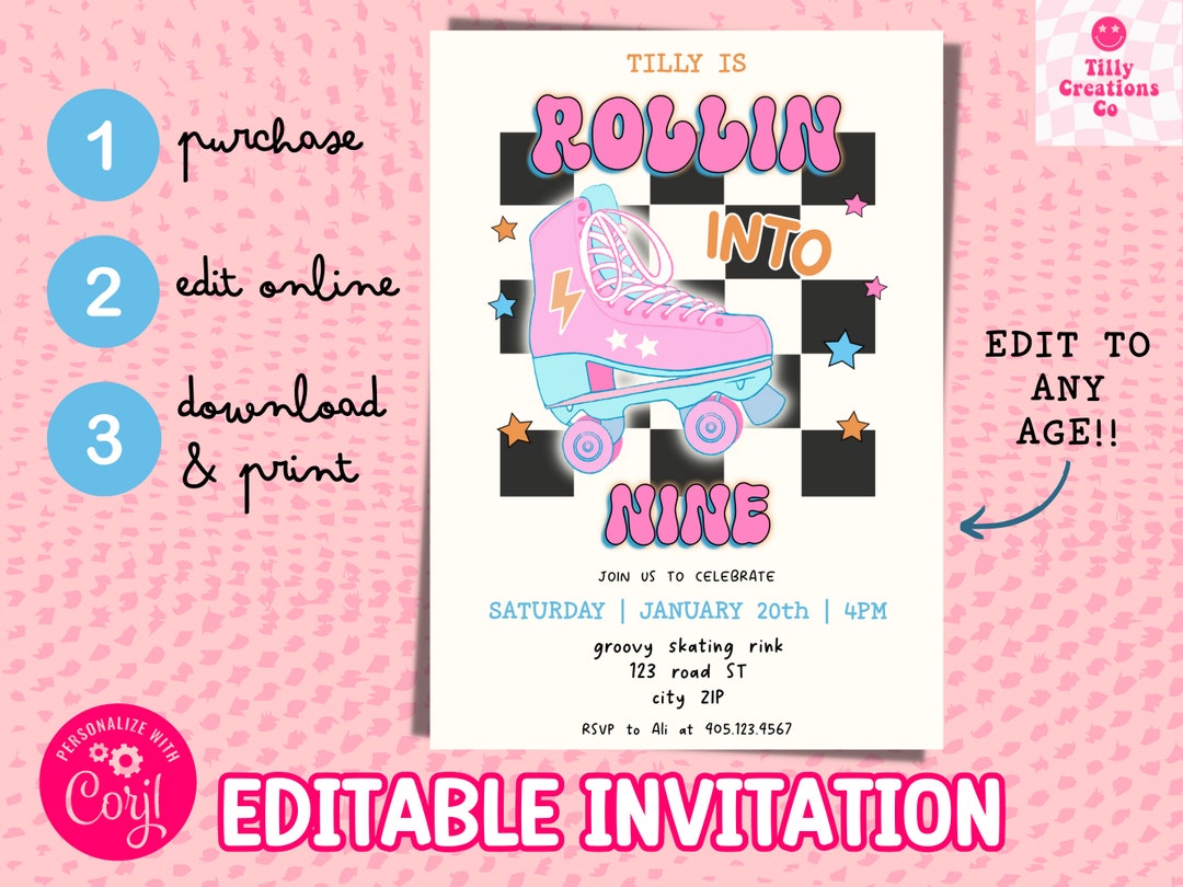 Retro Roller Skate Birthday Invitation: Customizable Party Theme ...
