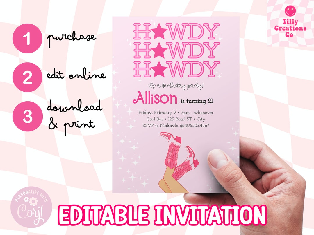 Custom HOWDY Birthday Party Invite • Digital Download Template • Pink ...