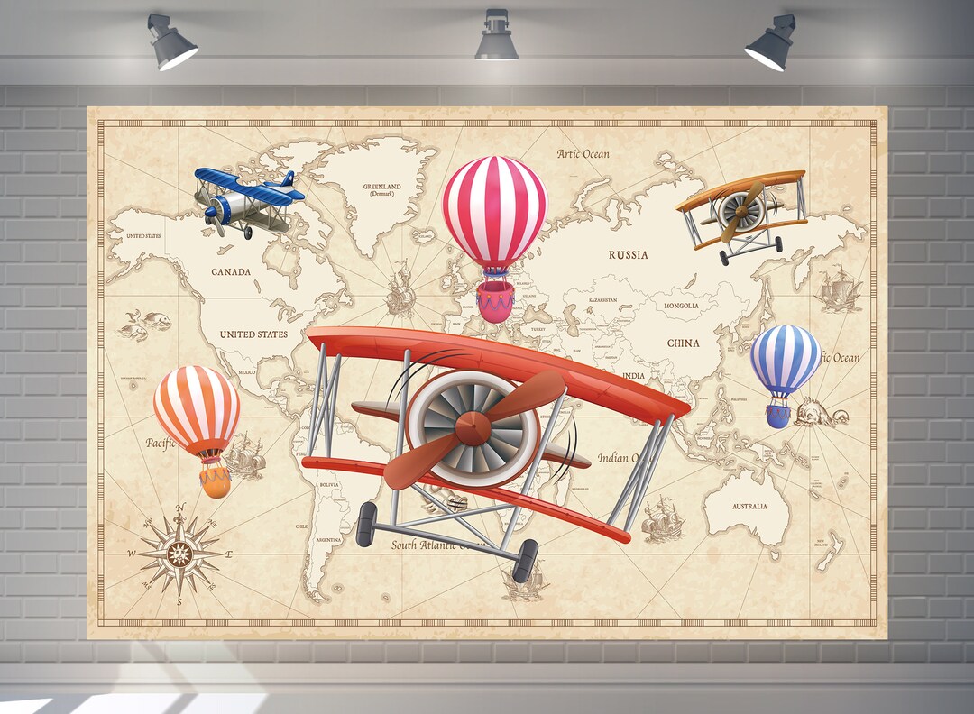 Custom Airplane World Map Happy Birthday Party Backdrop Baby Shower ...