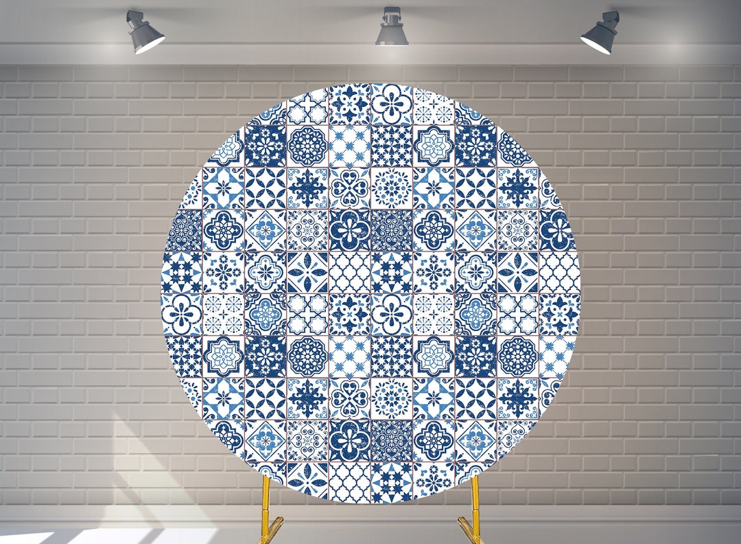 Blue & White Tile Round Backdrop Cover, Mediterranean Photography Prop ...