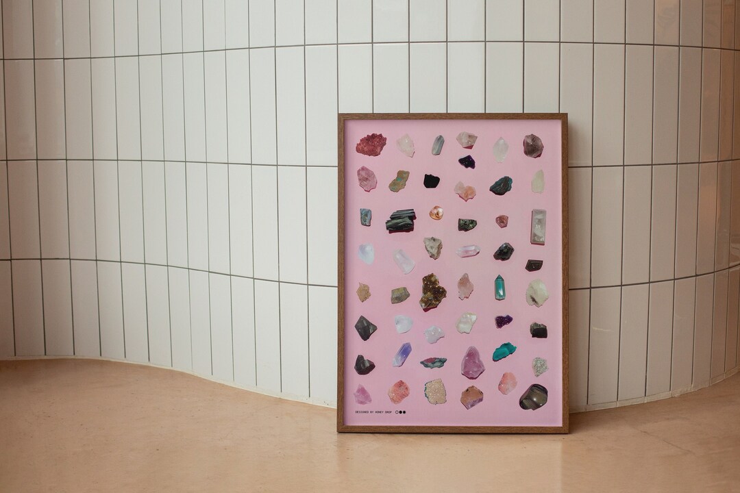 Crystal Collage Poster, Pink Background Modern, Fun Artwork for Gem and ...