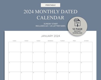 2024 Monthly Planner Printable 2024 Dated Calendar A4, A5, Letter ...