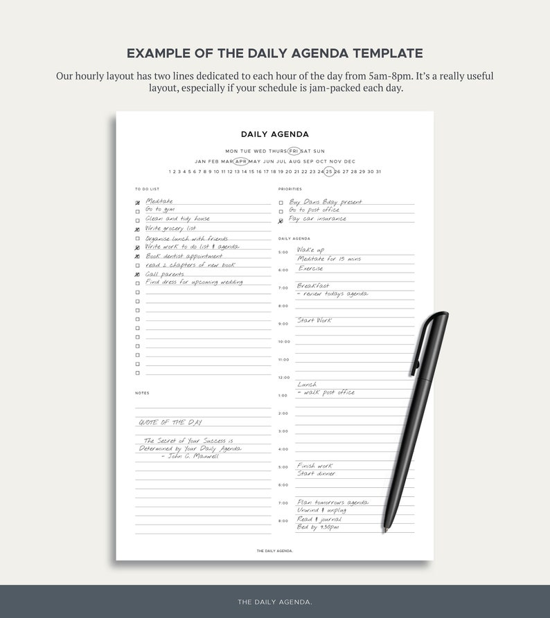 Daily Agenda Template, Daily Planner, Hourly Planner, Productivity ...