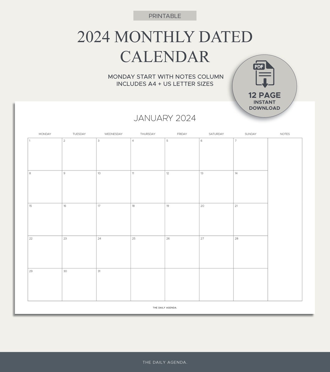 2024 Printable Monthly Dated Calendar With Notes Template Monday Start ...