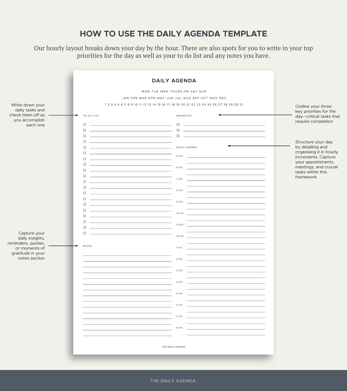 Daily Agenda Template, Daily Planner, Hourly Planner, Productivity ...