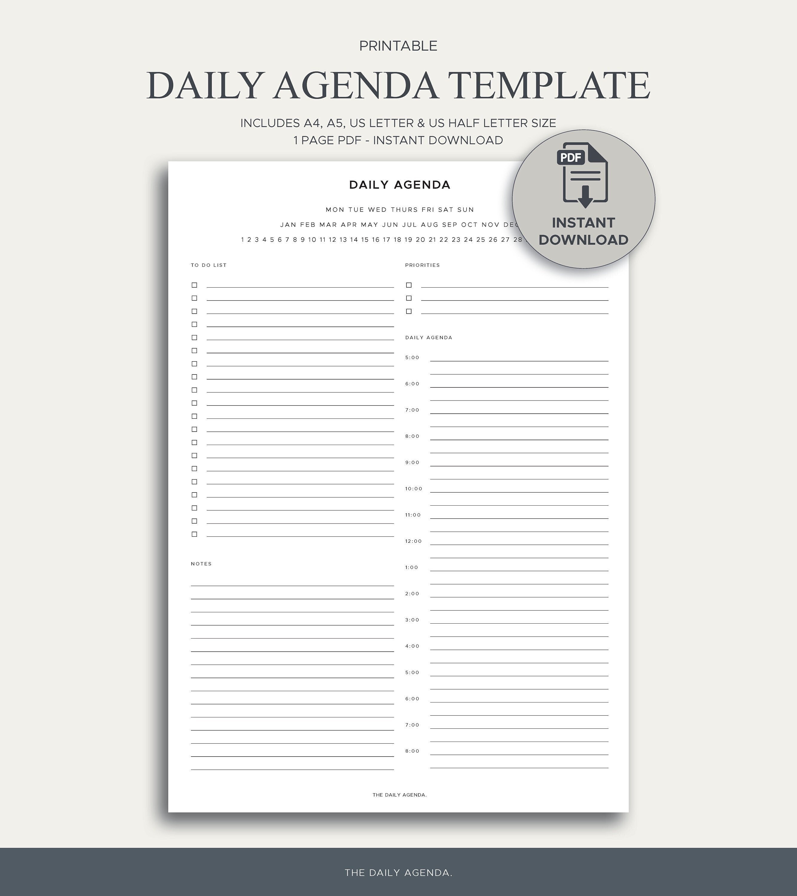 Daily Agenda Template, Daily Planner, Hourly Planner, Productivity ...
