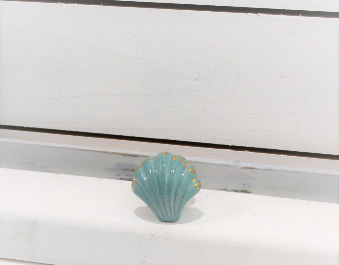 Seashell Knob, Rustic Blue Ceramic Shell Drawer Pull, Scallop Green ...