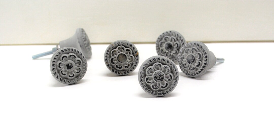 Gray Floral Knob, Distressed Primrose Drawer Pull, Gray Matte Finish ...