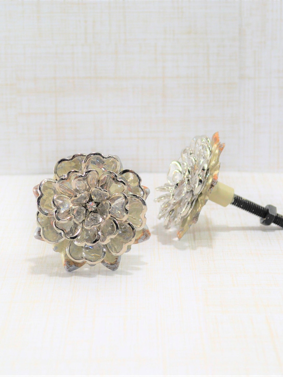 Silver Faceted Flower Knob, Floral Drawer Pull, Glass Zinnia Furniture ...