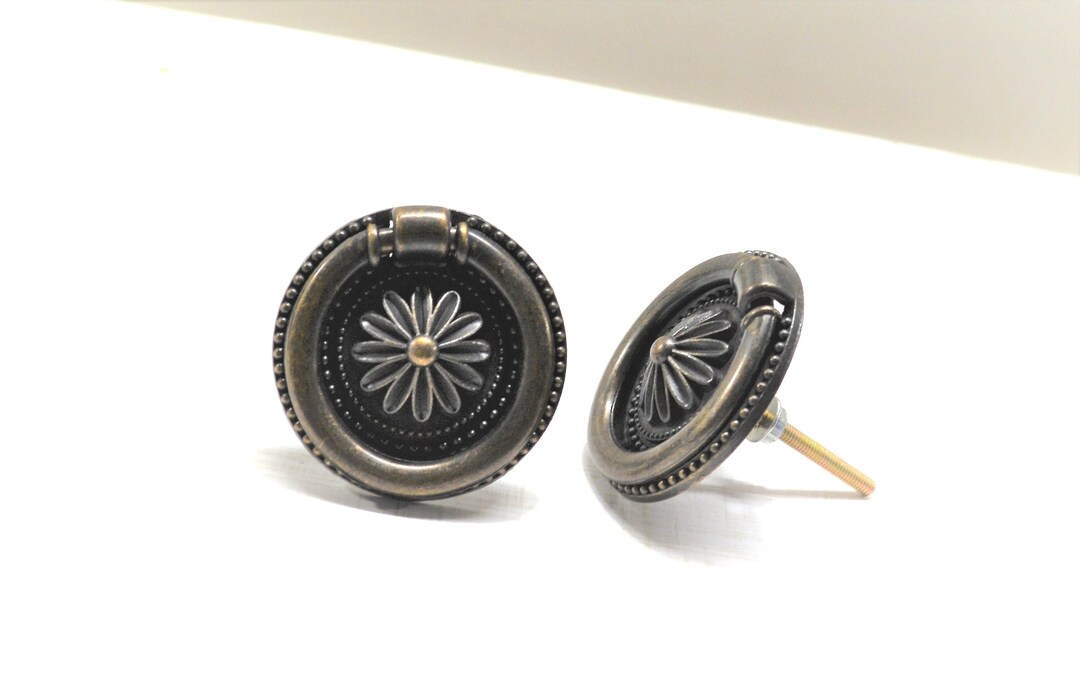 Bronze Floral Ring Pull, Flower Furniture Knob, Medallion Door Handle ...