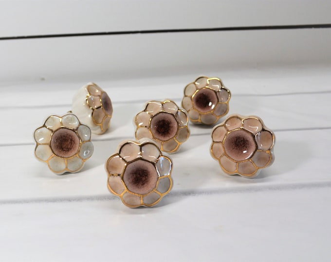 Gold Trimmed Flower Knob, Pink Crackle Drawer Pull, Ceramic Flower Knob, Kitchen Cabinet ...