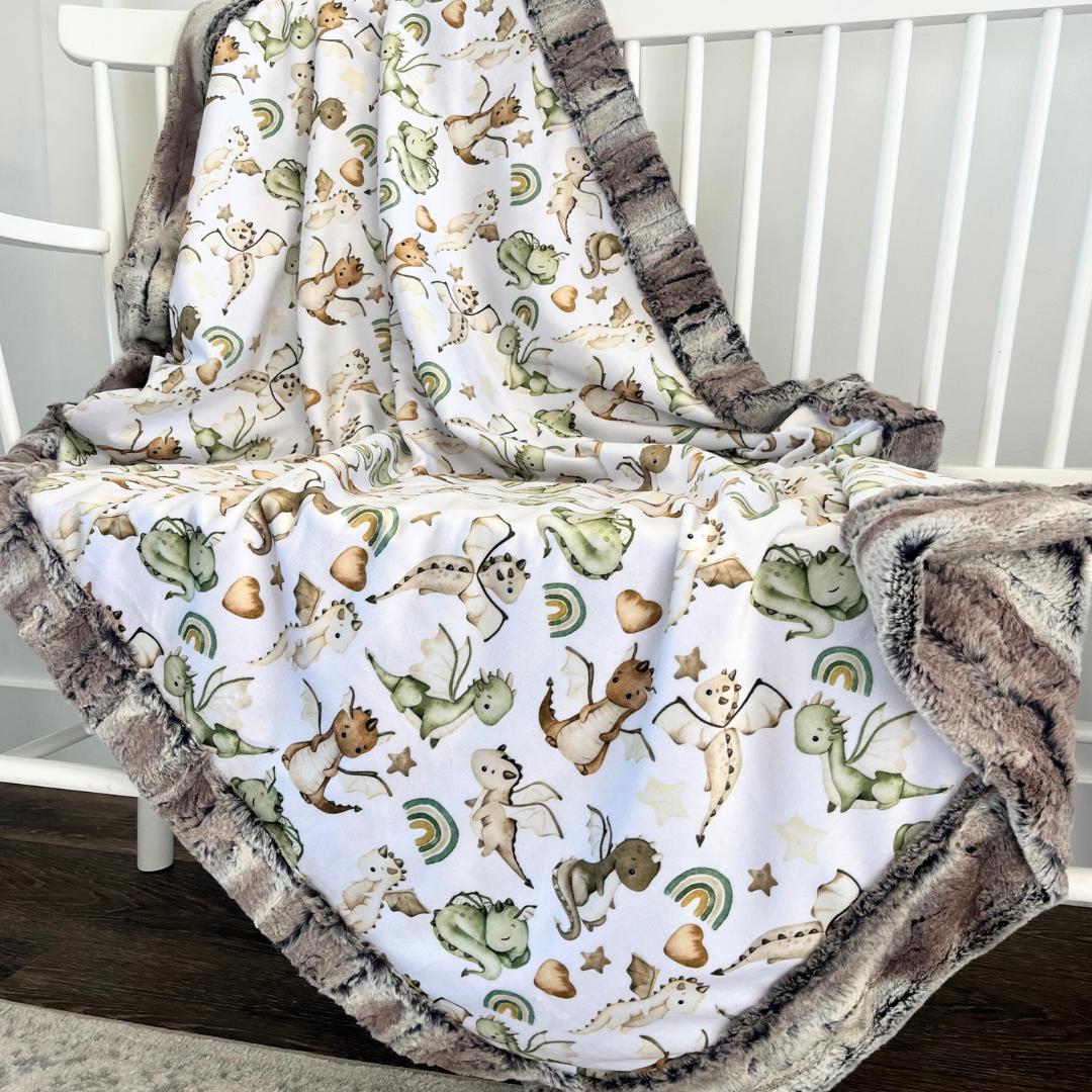 Personalized Minky Beige Green Dragons Blanket Super Soft Kids Dragon ...