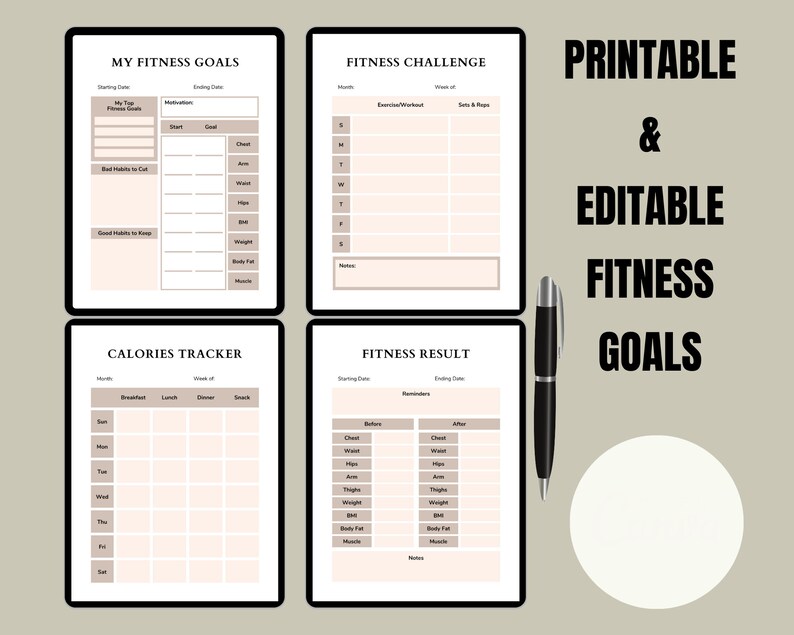 Editable and Printable Fitness Goal, Digital Fitness Challenge ...
