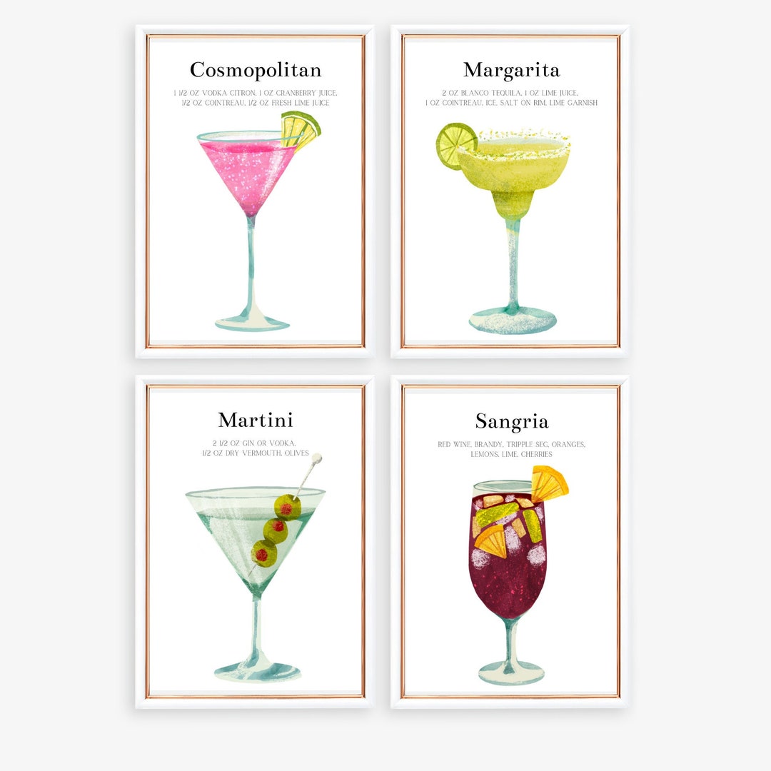 Printed Cocktail Art Set of 4, Aesthetic Print, Bar Cart, Kitchen Décor ...