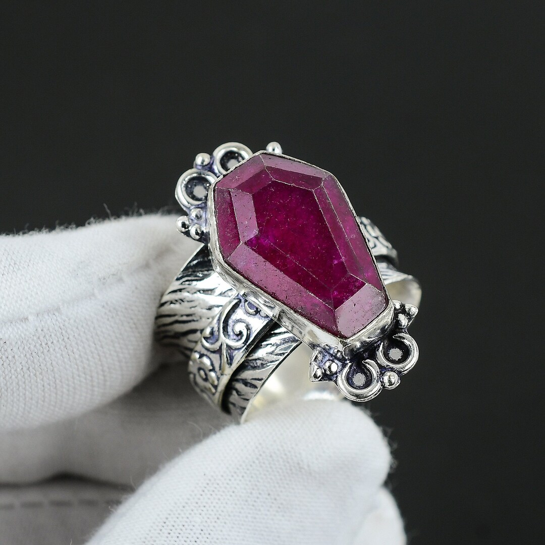 Beautiful Kashmir Ruby, Coffin Shape Ring, 925 Sterling Silver Ring, Handmade Ruby Ring, Ruby ...