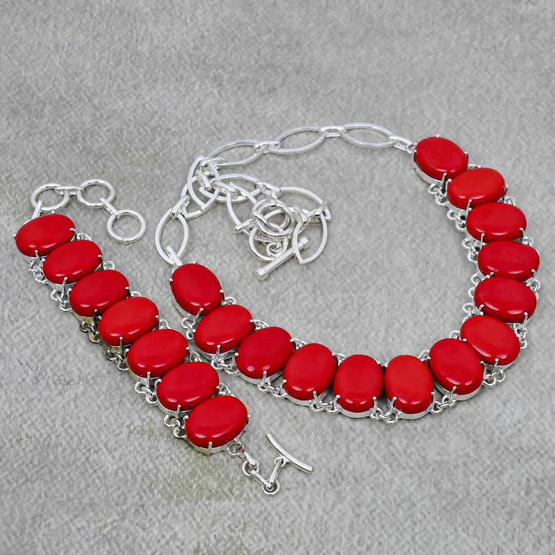 Natural Red Coral Gemstone Necklace With Bracelet, Handmade 925 ...