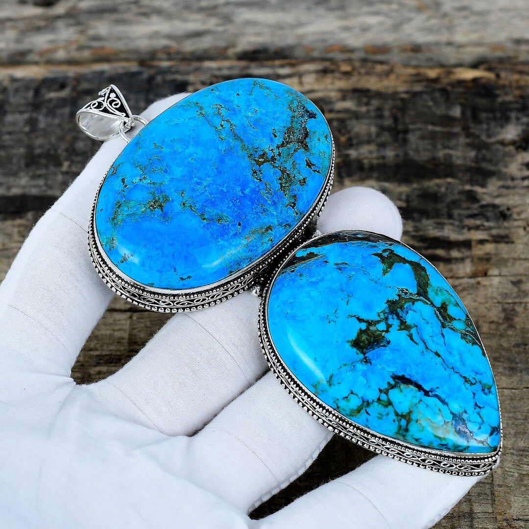 Tibetan Turquoise Bold Big Pendant Necklace Giant Gemstone Boho Handmade 925 Sterling Silver ...