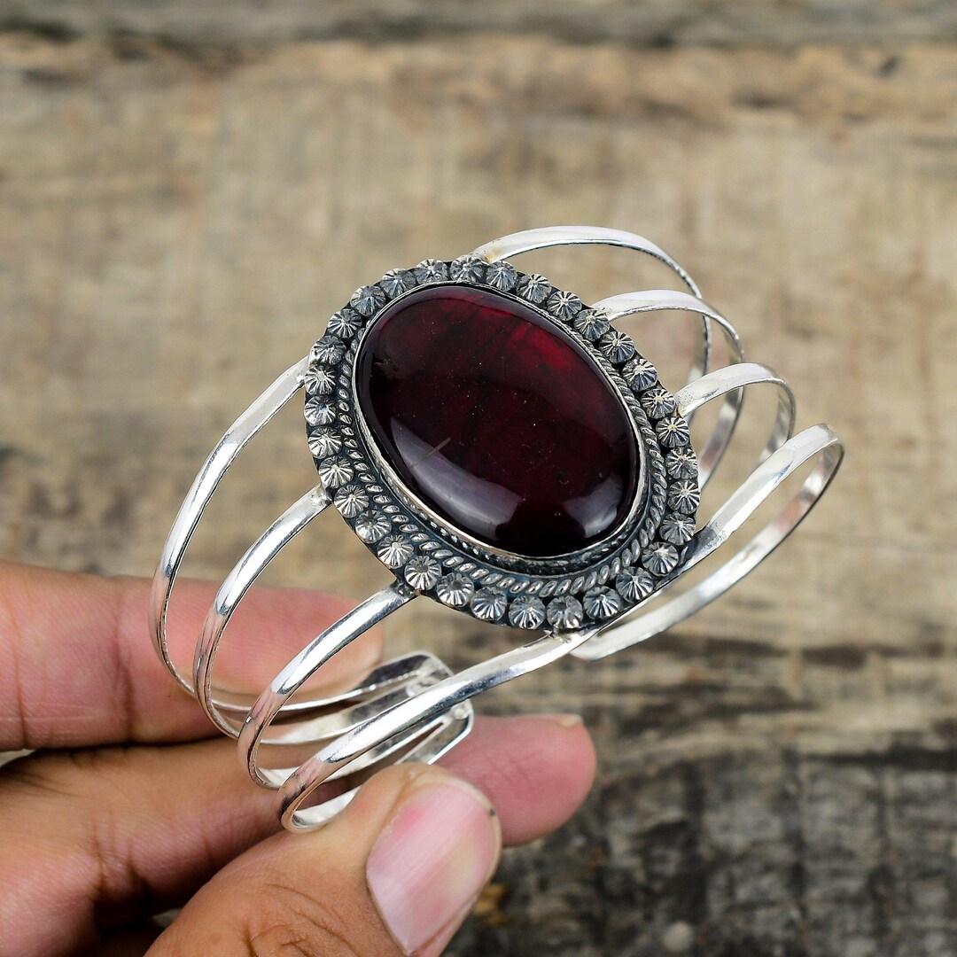 Red Flash Labradorite Gemstone Bangle Natural Stone 925 Sterling Silver ...