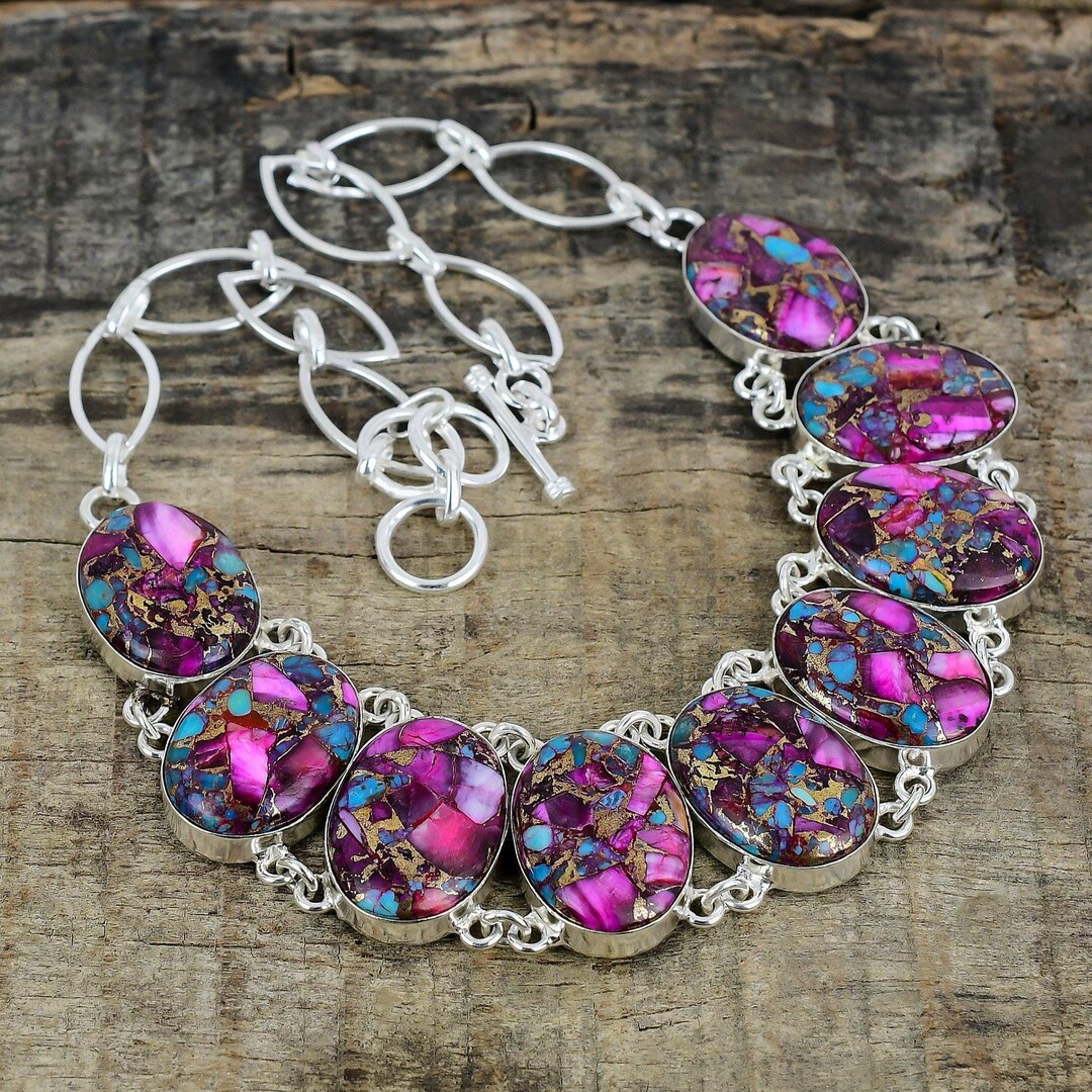 Kingman Pink Spiny Oyster Turquoise Necklace 925 Sterling Silver ...