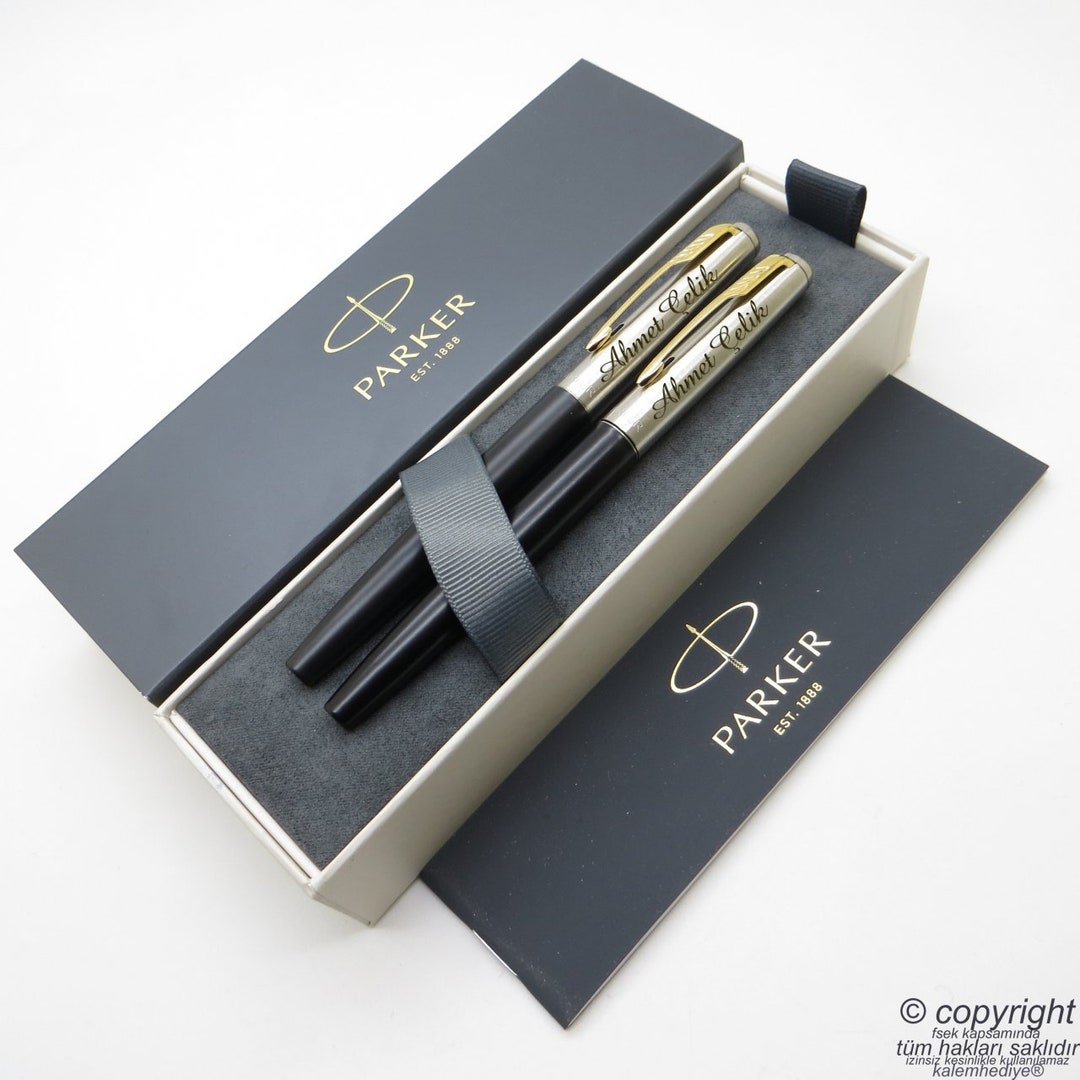Engraved Parker Pen Set Personalized SS GT Black Metal Gold Trim ...