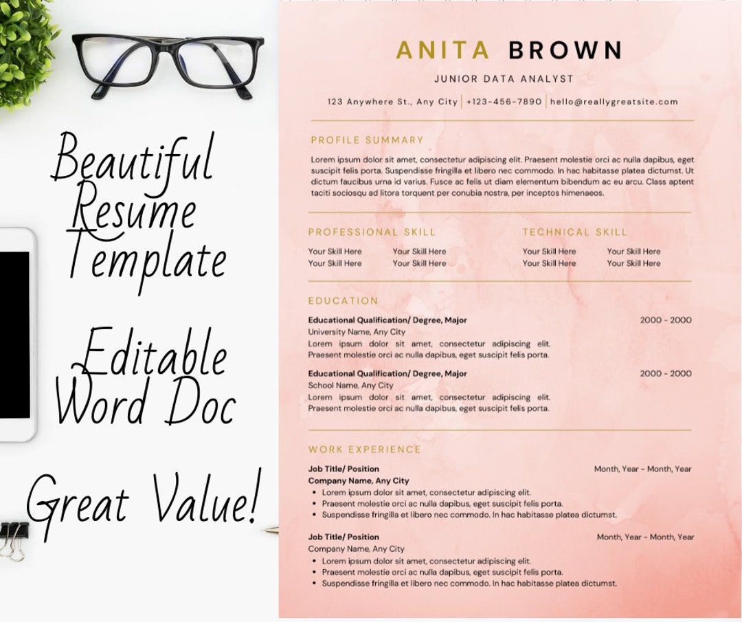 Beautiful Resume Template, Pink and Gold, Creative Resume, Editable ...