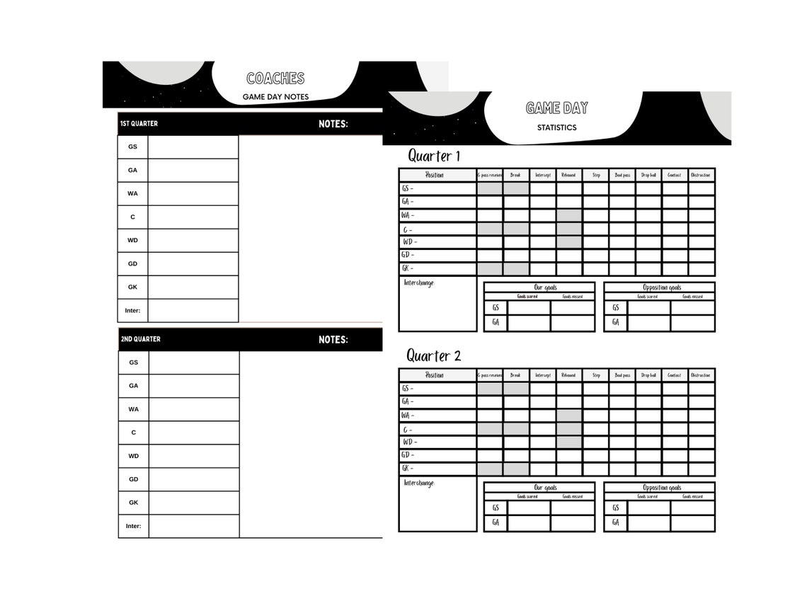 NETBALL COACHING PACK (black & White) - Downloadable A4 Template - Etsy ...