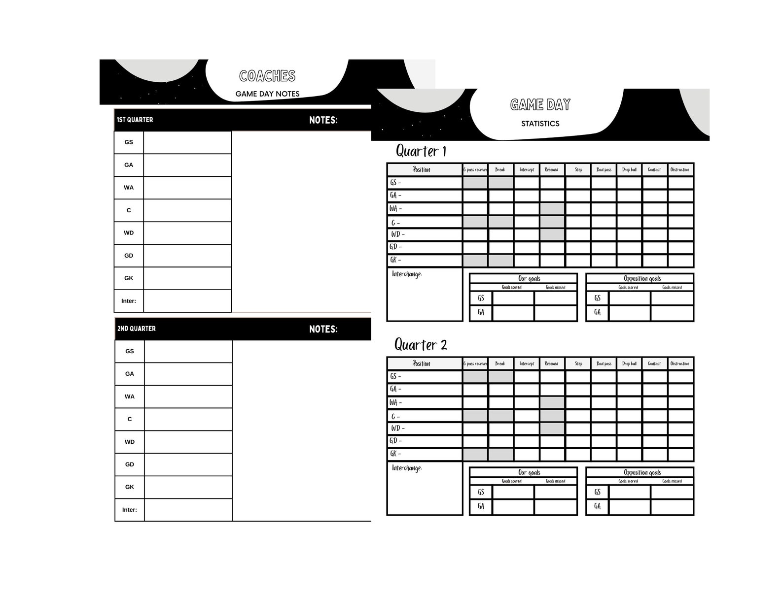 NETBALL COACHING PACK (black & White) - Downloadable A4 Template - Etsy ...