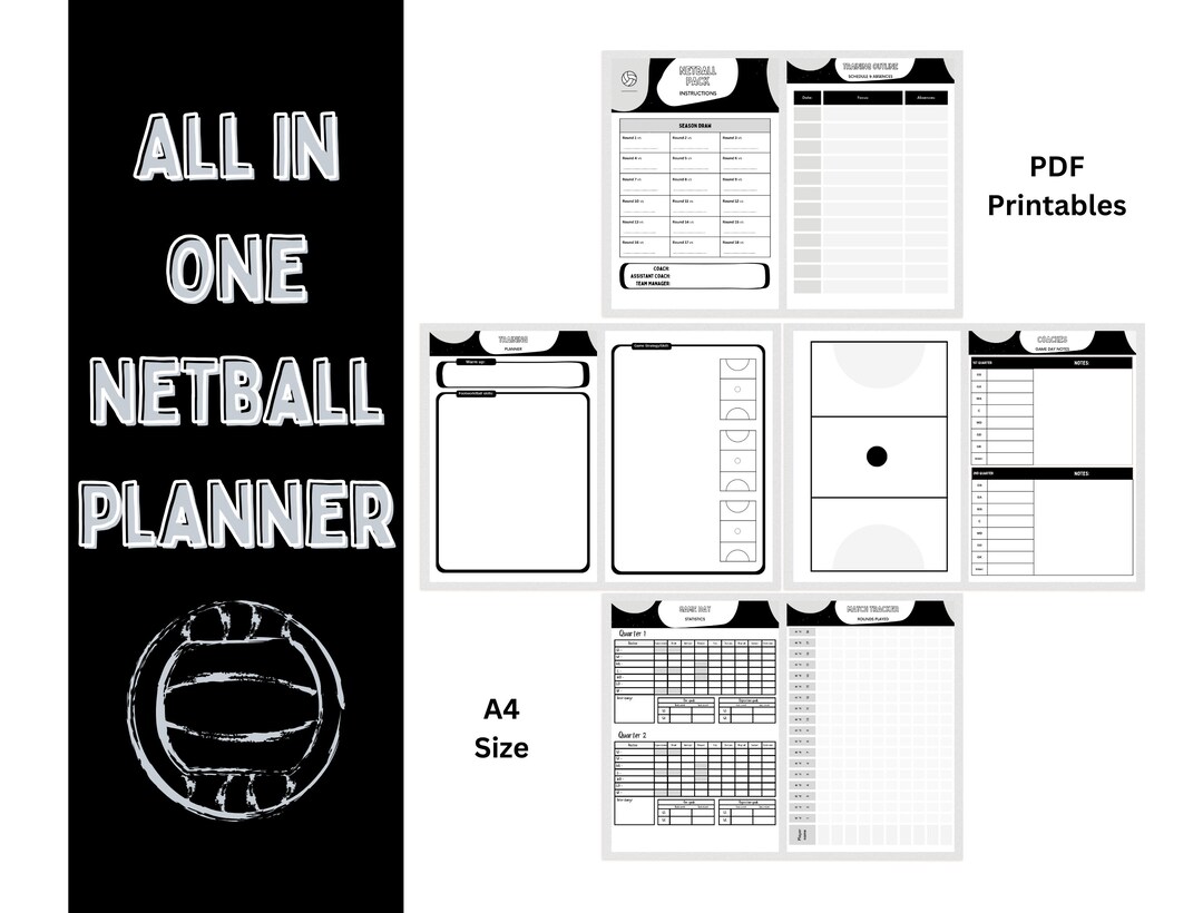 NETBALL COACHING PACK (black & White) - Downloadable A4 Template - Etsy ...