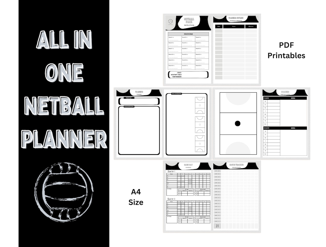 NETBALL COACHING PACK (black & White) - Downloadable A4 Template - Etsy ...
