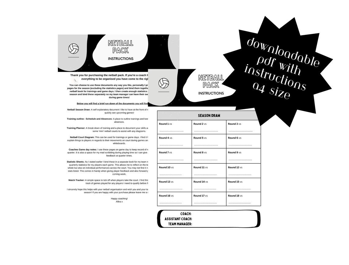 NETBALL COACHING PACK (black & White) - Downloadable A4 Template - Etsy ...