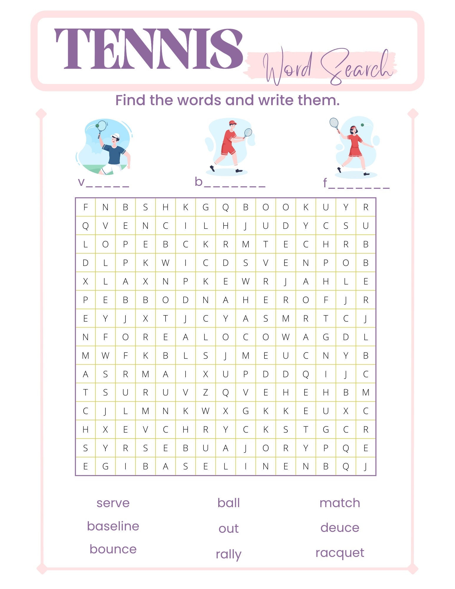 Tennis Sports Word Search Game Printable - Etsy
