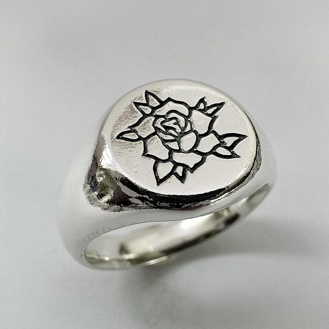 Hand Carved Silver Rose Signet Ring: Botanical Jewelry, Recycled 925 ...