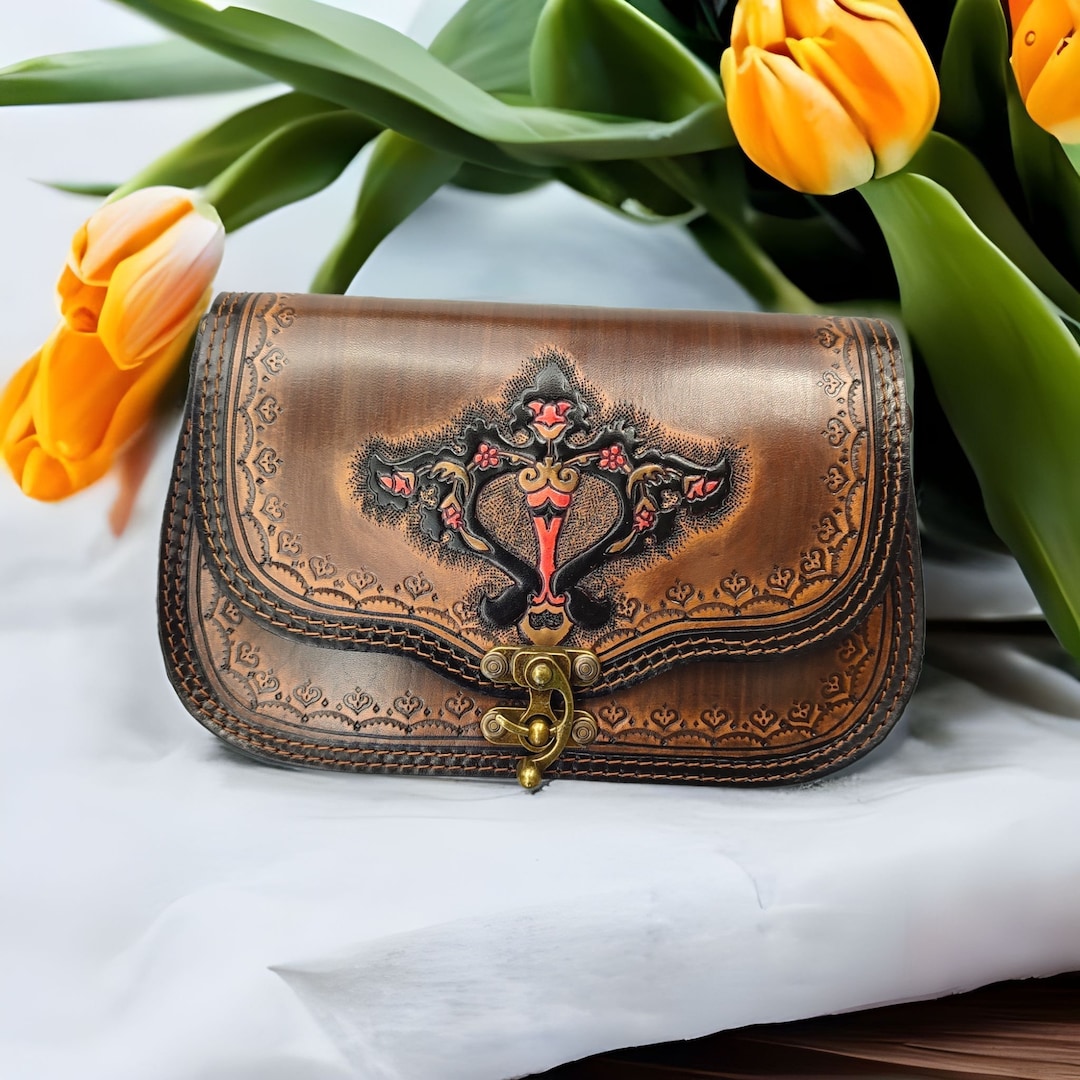 Leather Carving Bag Purse Hand Carved Leather Bag Women Hand Painted ...